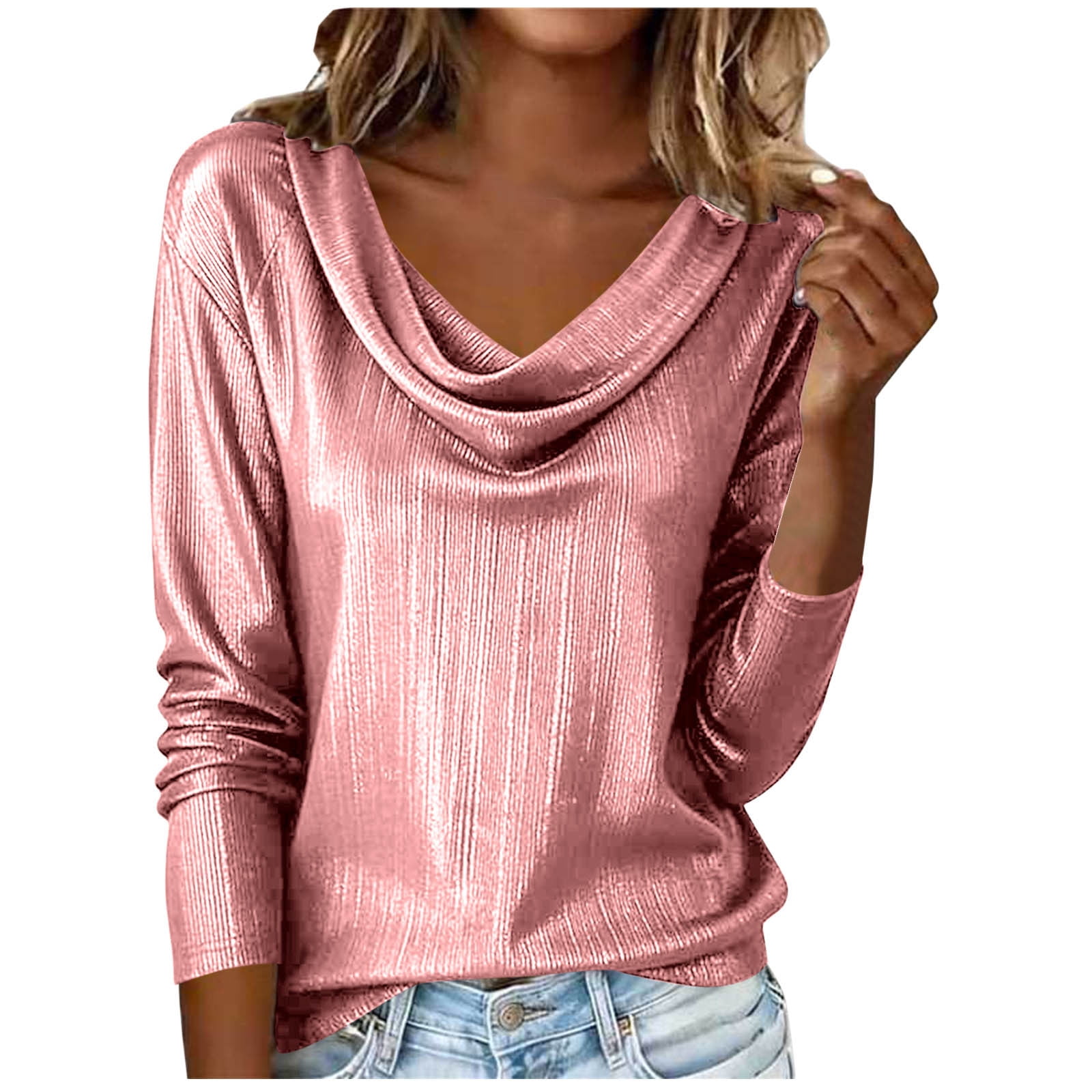 LNWUY Cowl Neck Tops for Women Trendy Draped Long Sleeve Velvet Top ...