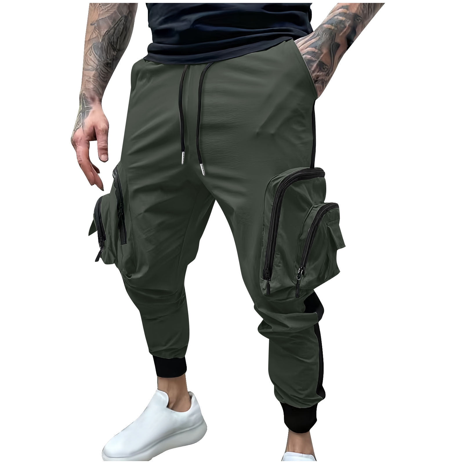 LNWUY Men Elastic Zipper Multiple Pockets Foot Binding Cargo Pants Side ...