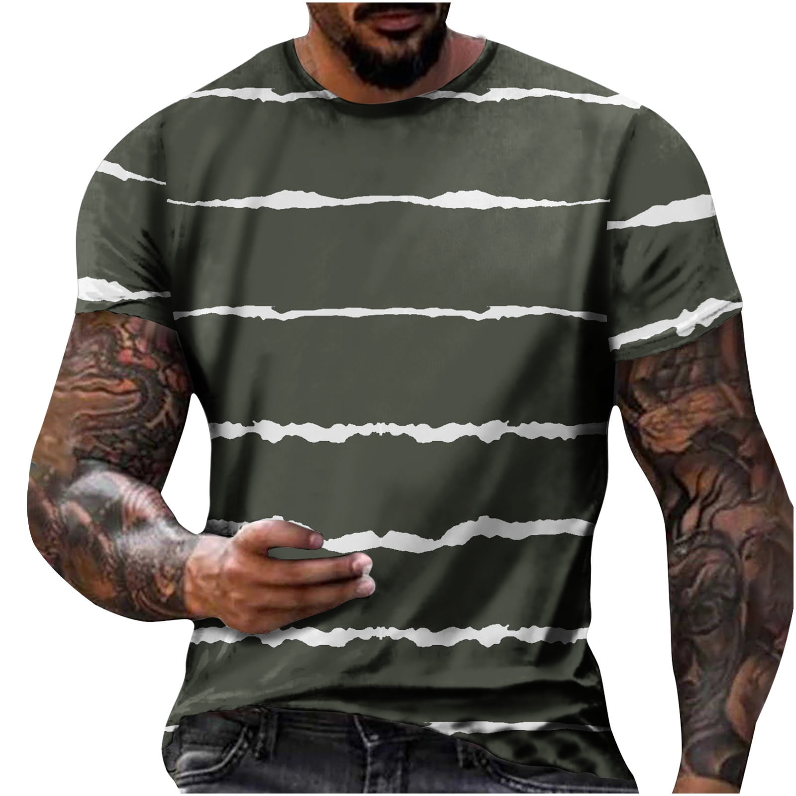 LNWUY Men Shirts Casual Stylish Striped Print Short Sleeve Crew Neck ...