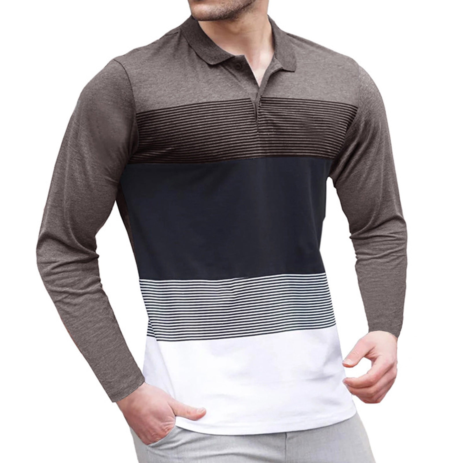 LNWUY Men's Fashion Slim Fit Contrast Color Shirt Stripe Tee Tops Long ...