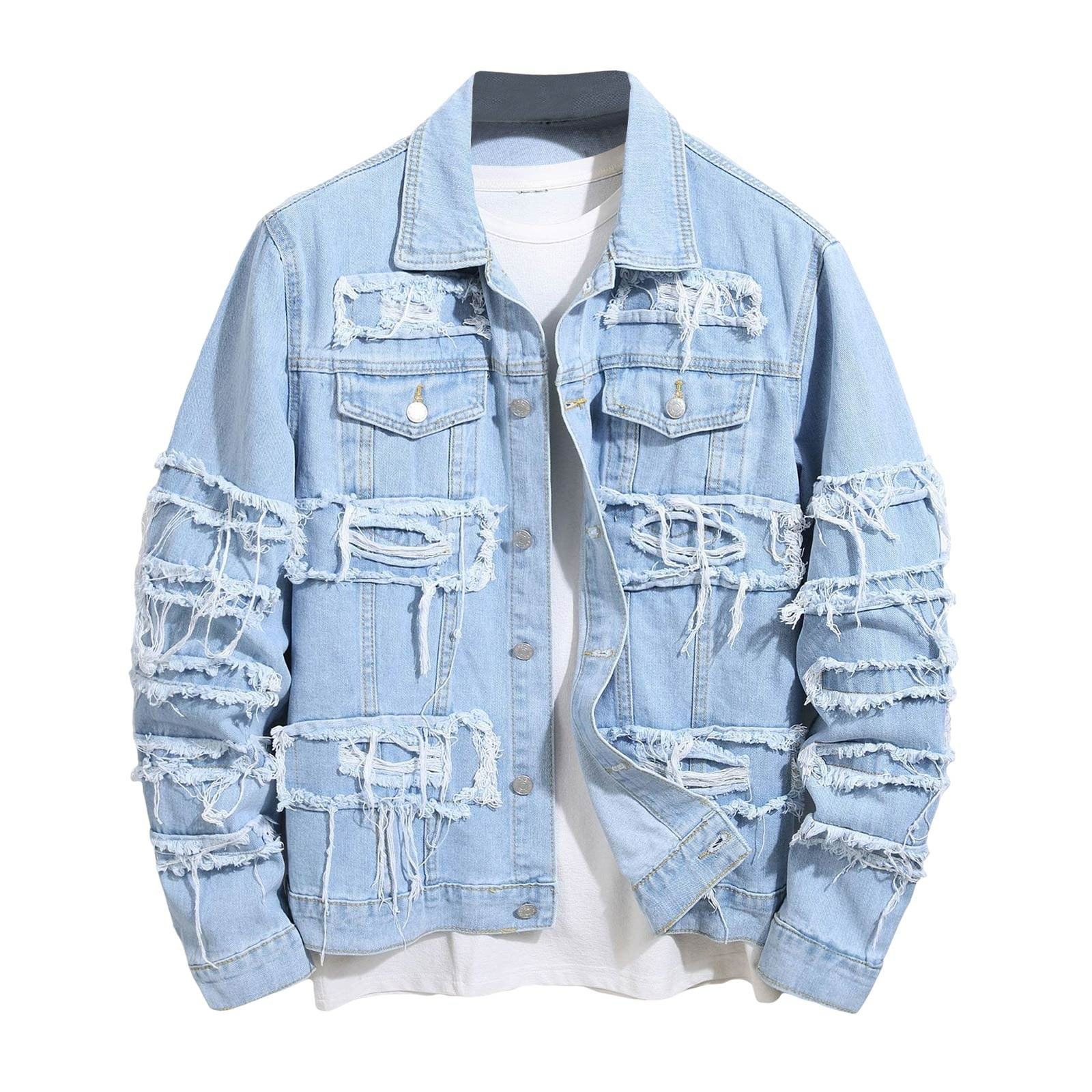 LNWUY Men's Ripped Distressed Jean Jacket Solid Fashion Trucker ...