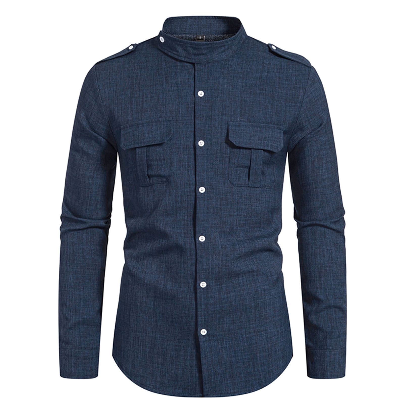 LNWUY Men's Solid Fashion Banded Collar Dress Shirts Wrinkle Free Long ...