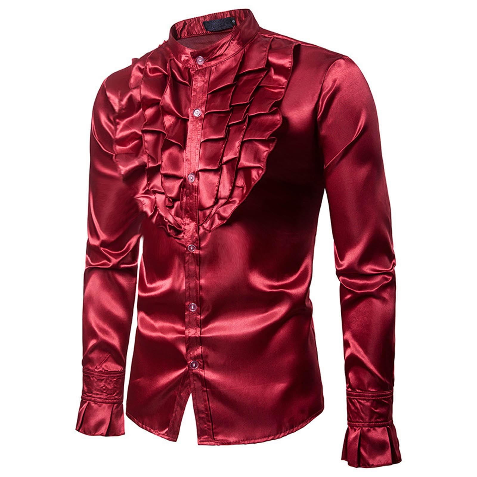 LNWUY Men's Vintage Dress Shirt Solid Long Sleeve Satin Silk Ruffle ...