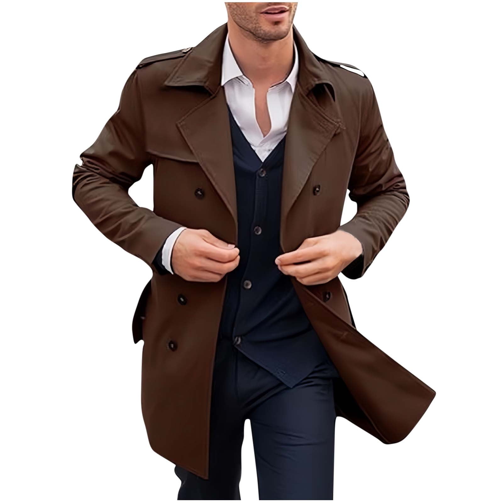 LNWUY Mens Solid Fashion Trench Coat Notched Lapel Double Breasted Long ...