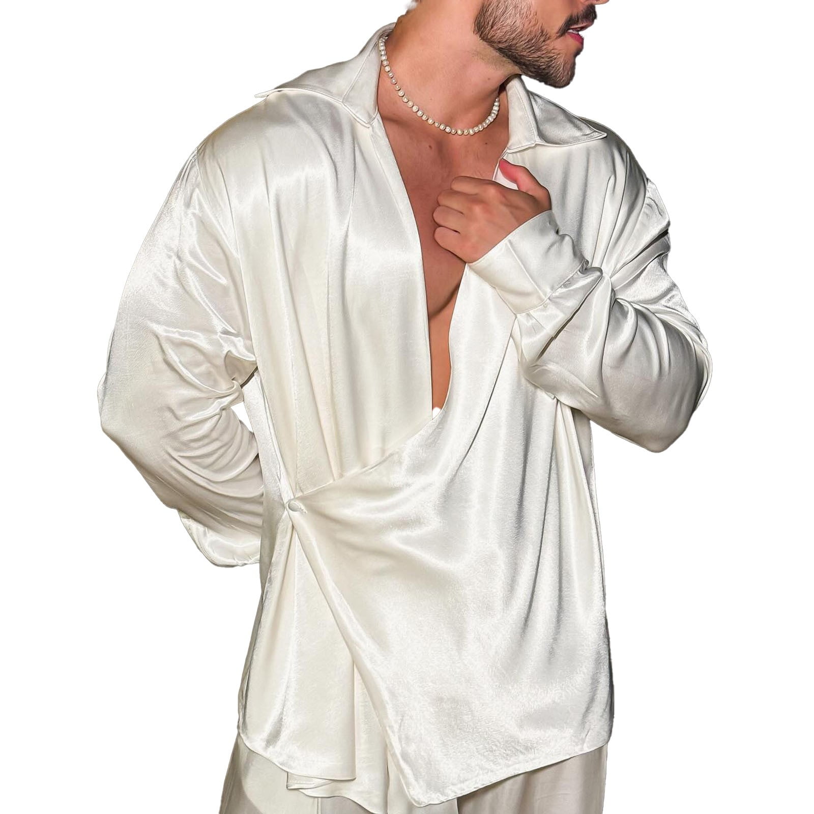 LNWUY Silk Tops for Men Fall Solid Color Basic Cardigan Deep V Neck ...