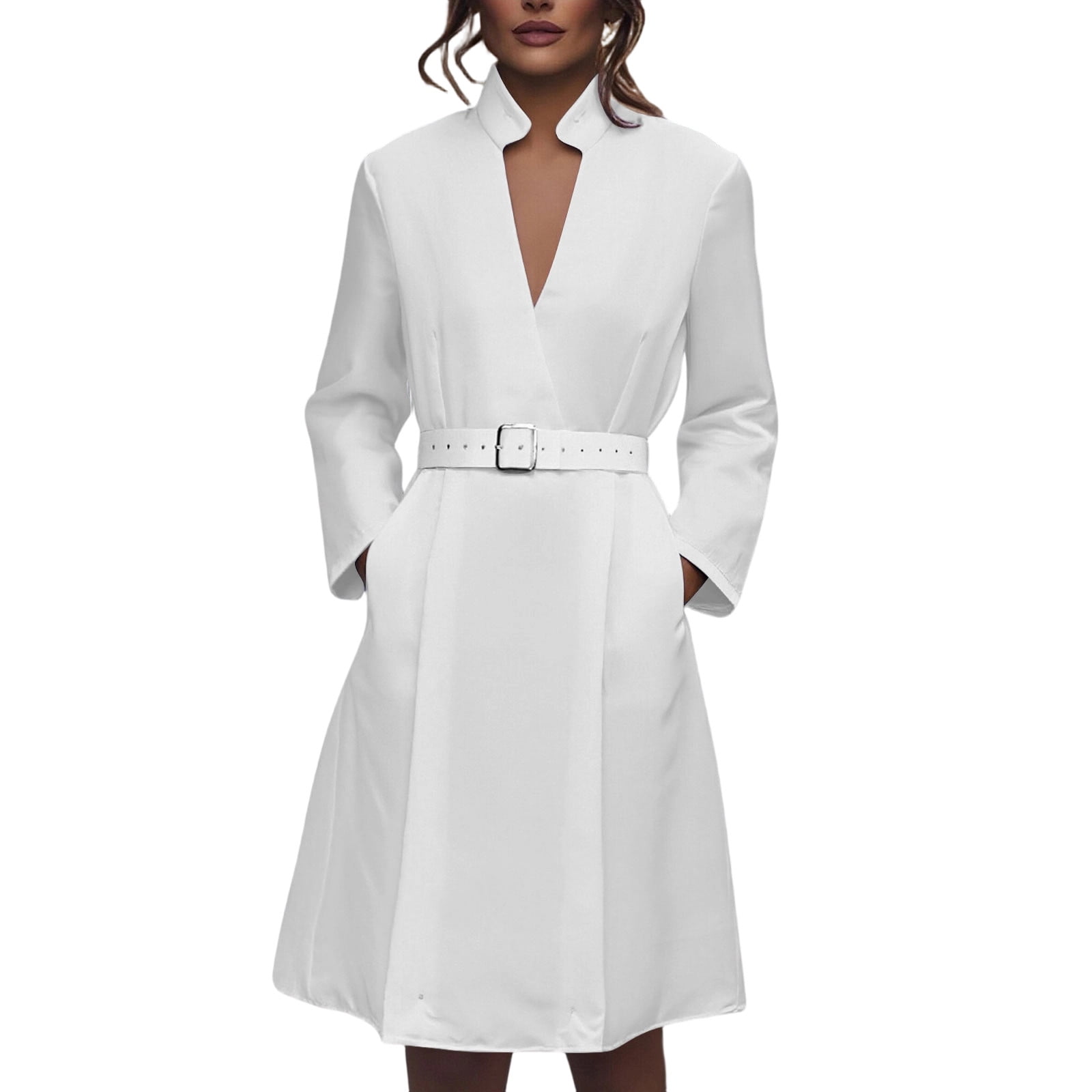 LNWUY Women's A Line Work Dress Long Sleeve Solid Color V Neck Business ...