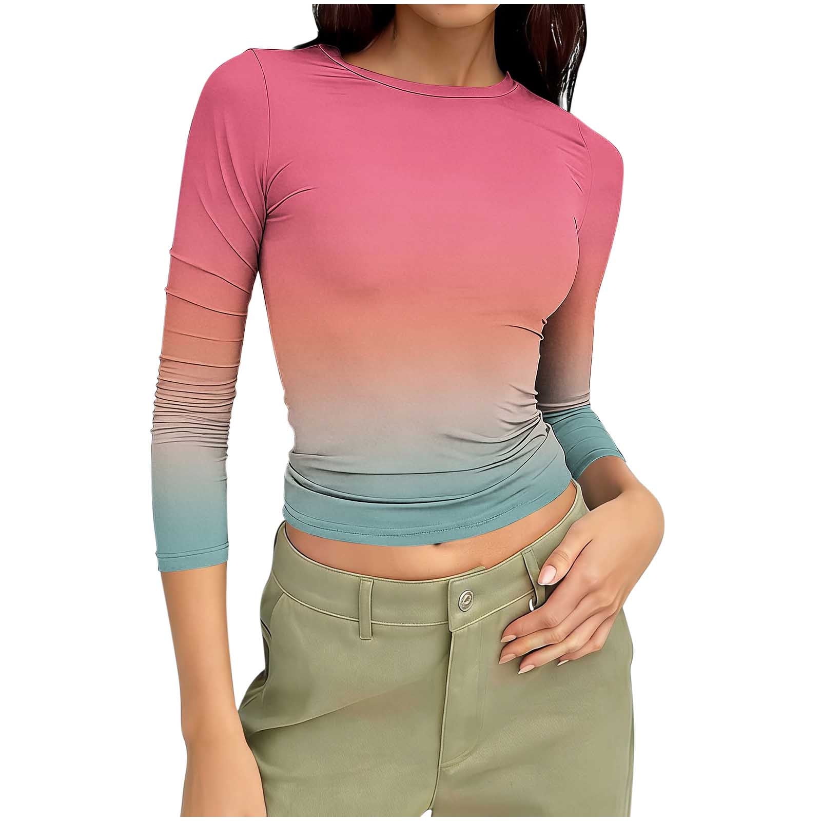 LNWUY Womens Gradient Long Sleeve Shirts Y2k Slim Fit Basic Crop Tops ...