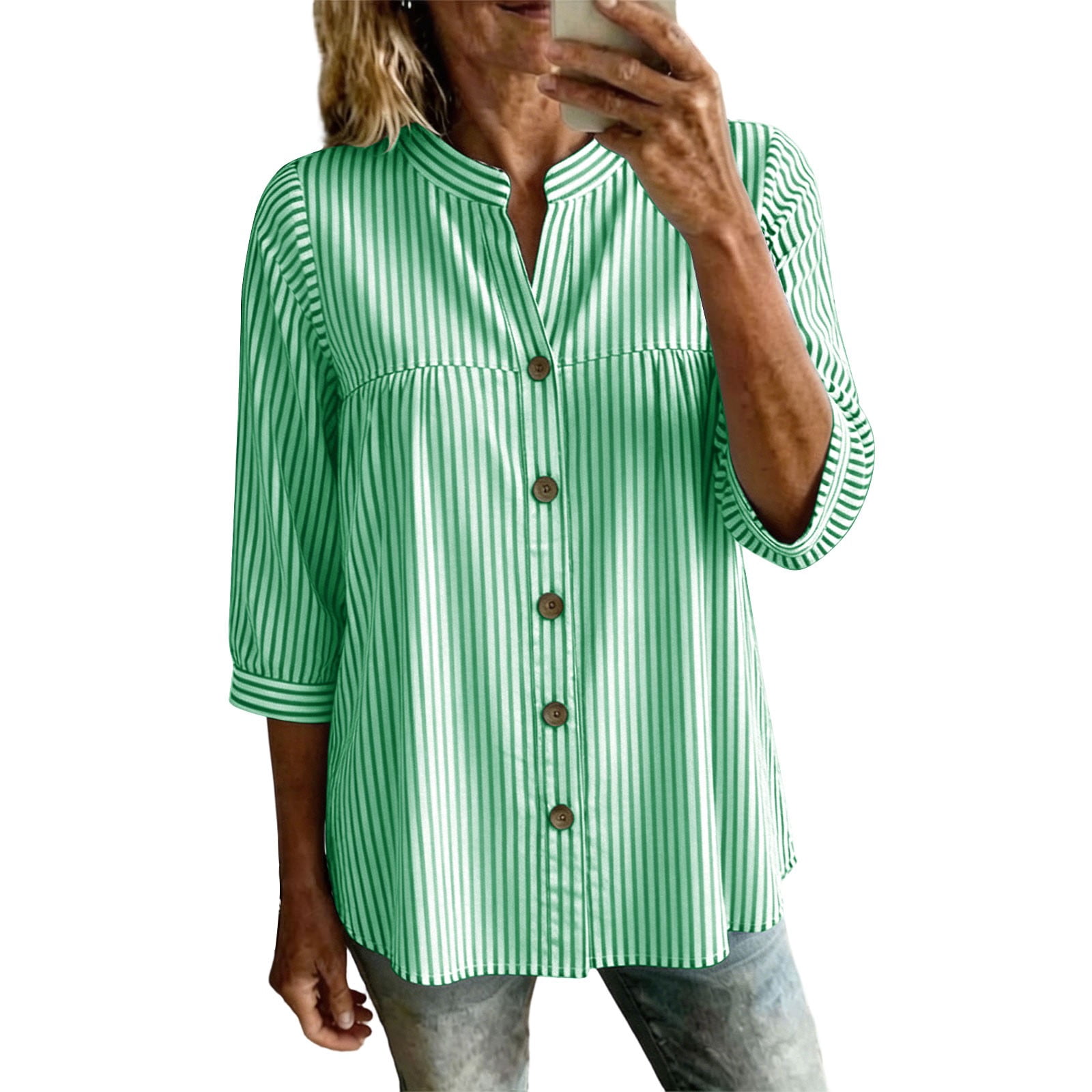 LNWUY Womens Striped 3/4 Sleeve Tops V Neck Button Down Shirts Casual ...