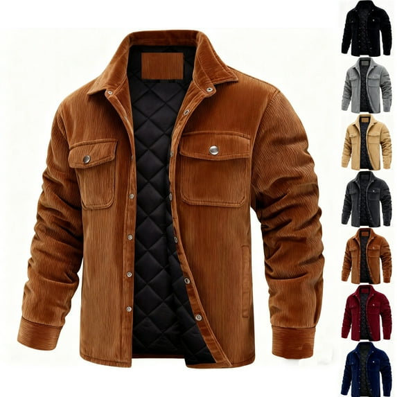LNZGNM Brown Corduroy Jacket for Men L-5XL Sherpa Lined Warm Flannel ...