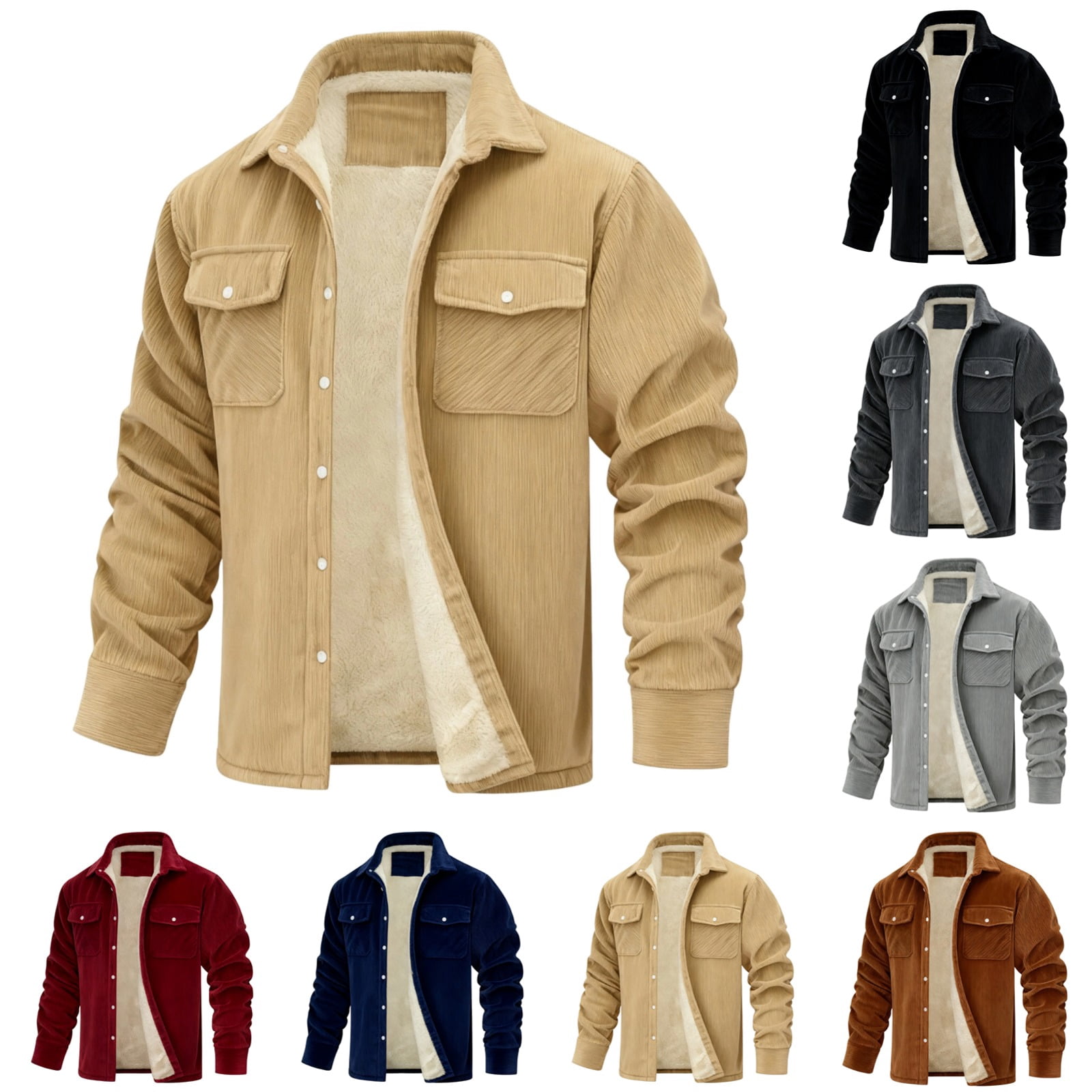 LNZGNM Brown Fleece Jacket for Men L-5XL Sherpa Lined Flannel Jackets ...