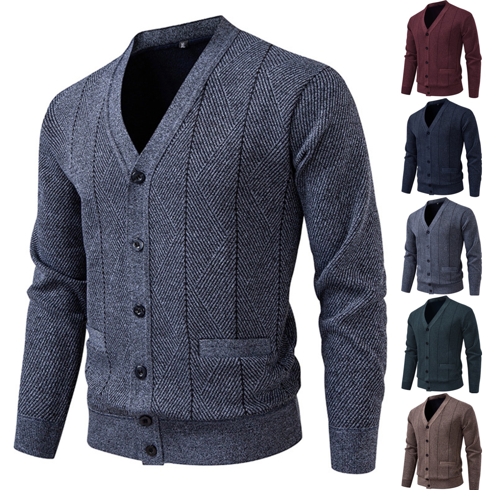 LNZGNM Gray Cardigan Sweaters for Men Button Up Herringbone Stitch Knit ...