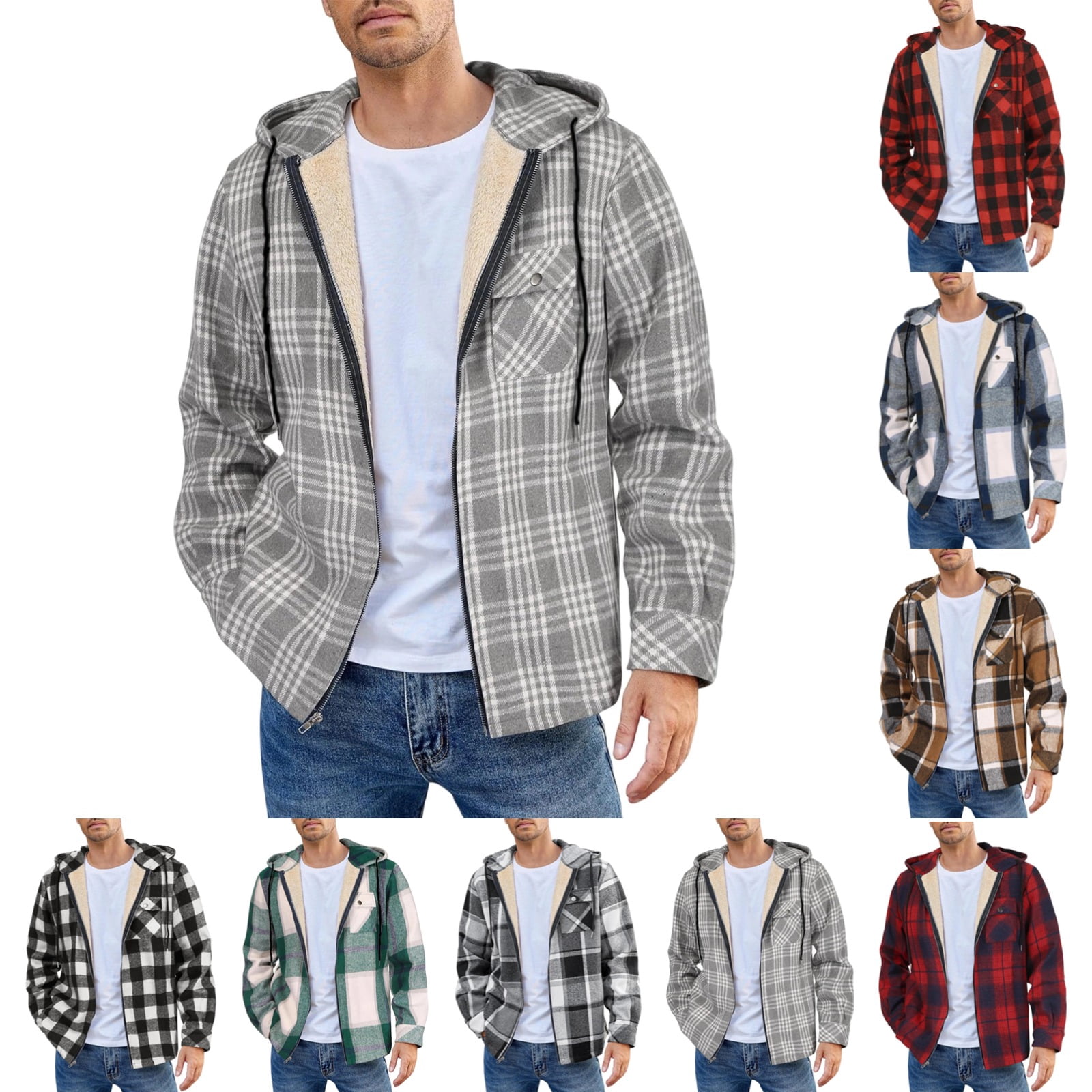 LNZGNM Gray Winter Jackets for Men Insulated Thick Fleece Plaid Jacket ...