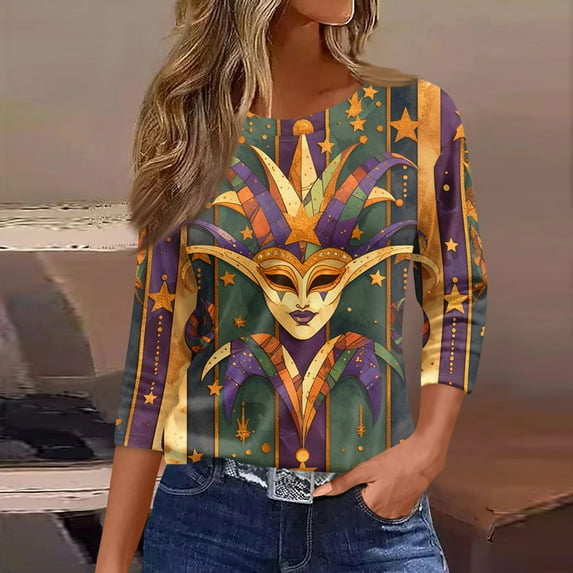 LNZGNM Mardi Gras Womens Shirts Mask Print 3/4 Sleeve Tops Fashion ...