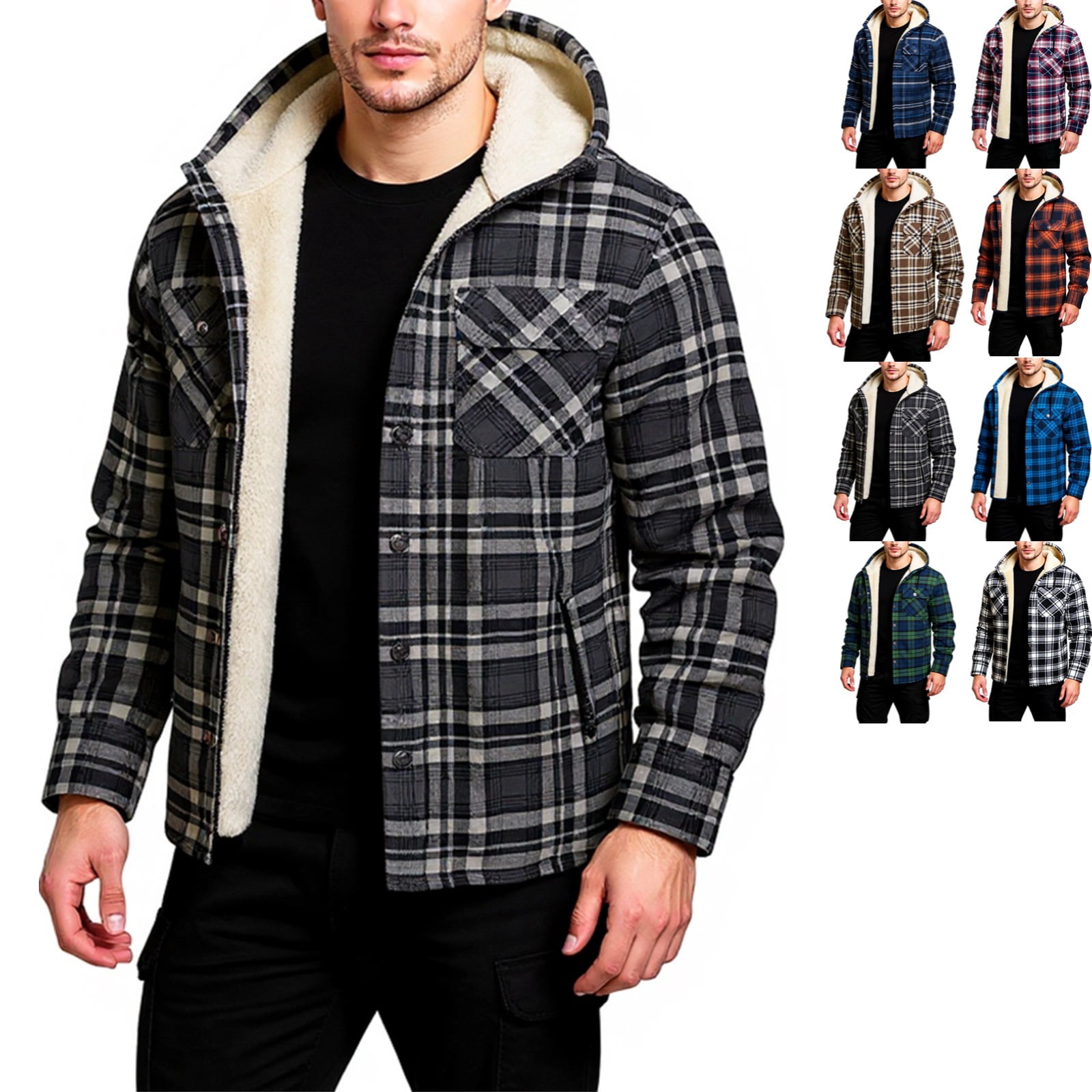 LNZGNM Men's Flannel Shirt Jacket Fuzzy Insulated Zip Up Hoodie Men ...