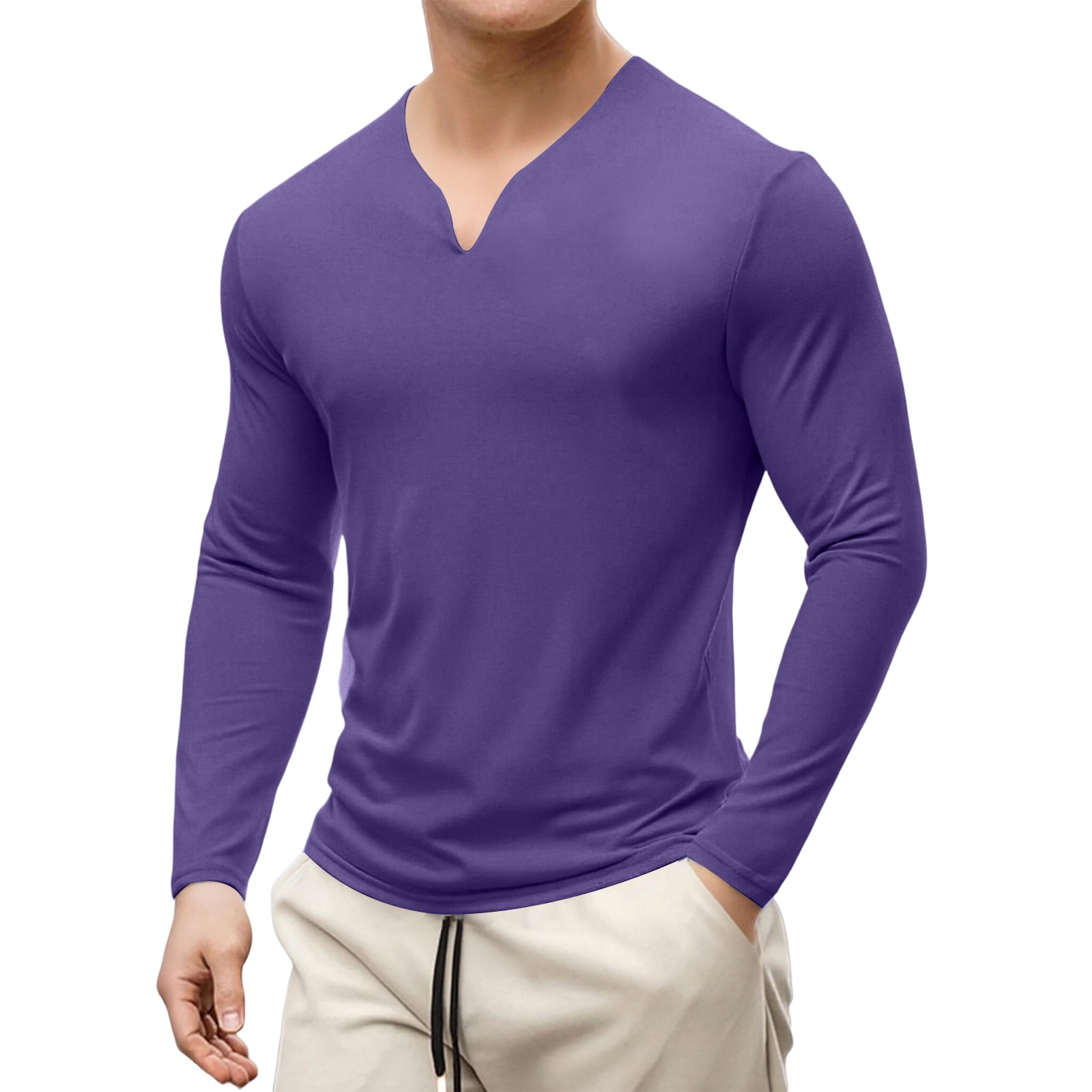 LNZGNM Mens Long Sleeve Muscle T Shirts Longline Stretch V-Neck Shirt ...