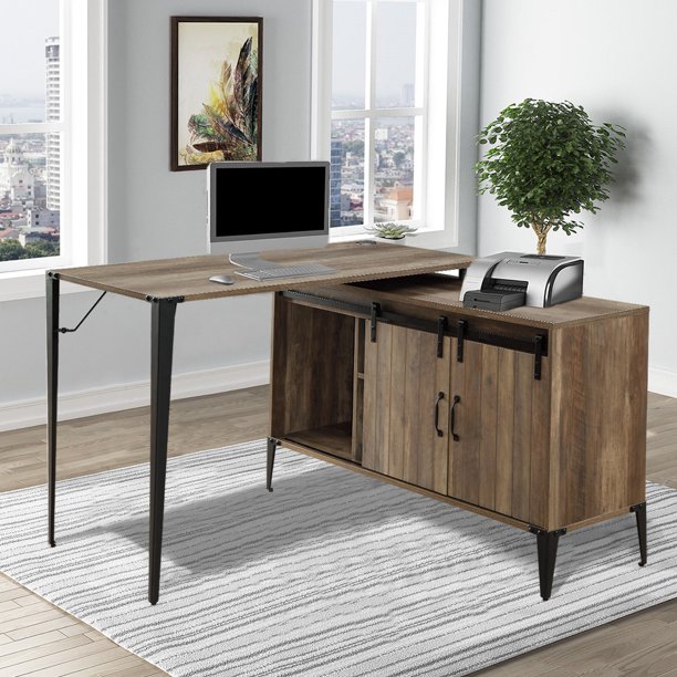LOAOL Rustic Wooden 48 inch L-Shaped Computer Desk with Storage Cabinet ...