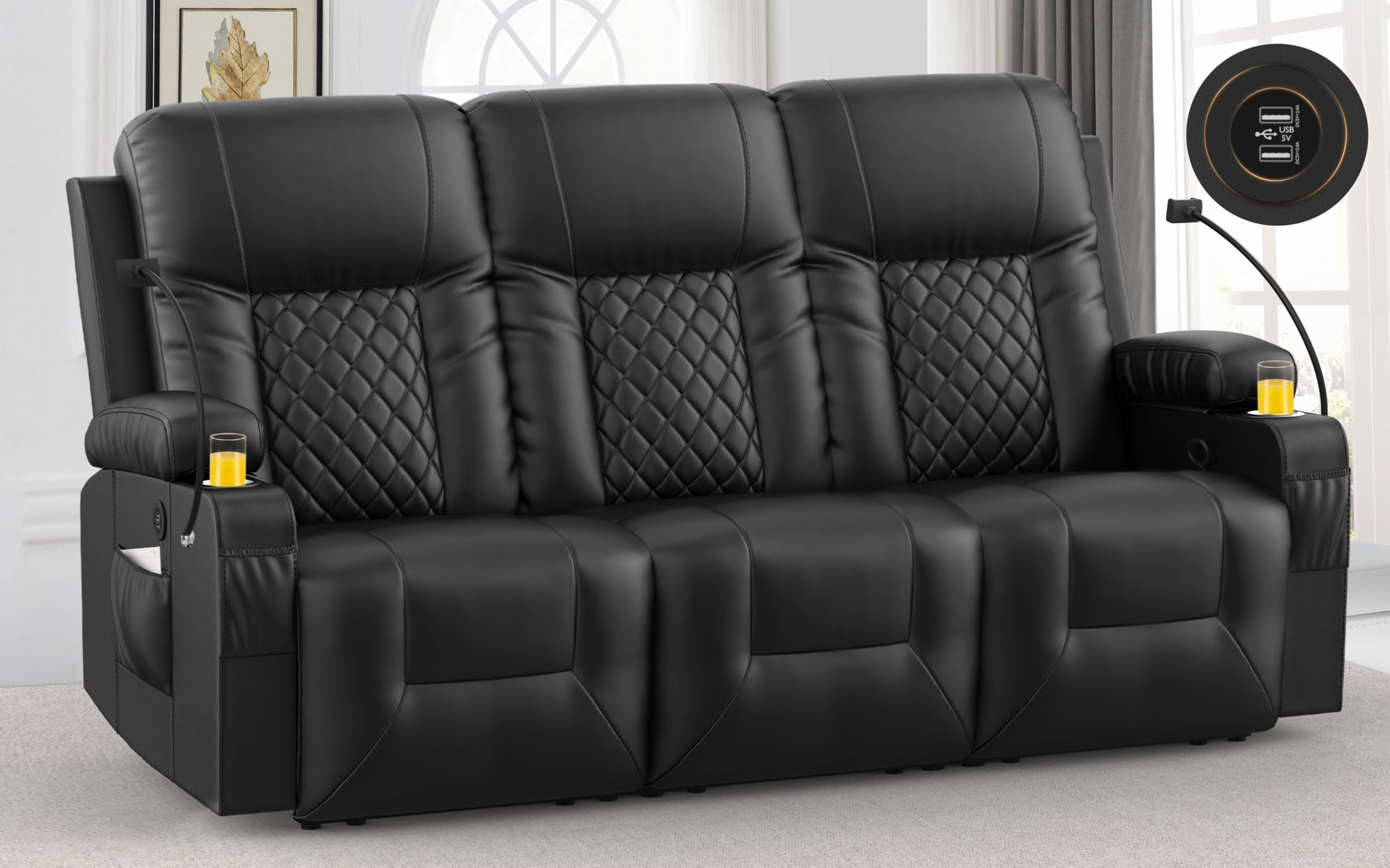 LOBERFVE Recliner Couch, 3 Seater Sofa with Cup Holders for Living Room ...