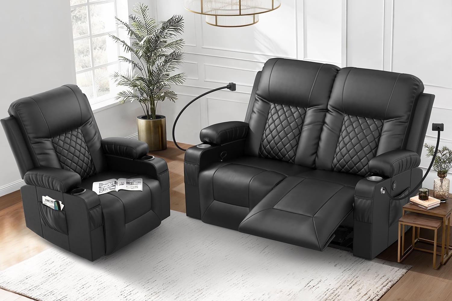 LOBERFVE 2PC Living Room Set, 2 Seater Loveseat Recliner & 360° Swivel ...