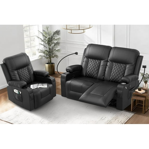 LOBERFVE 2PC Living Room Set, 2 Seater Loveseat Recliner & 360° Swivel Chair with Heat and ...