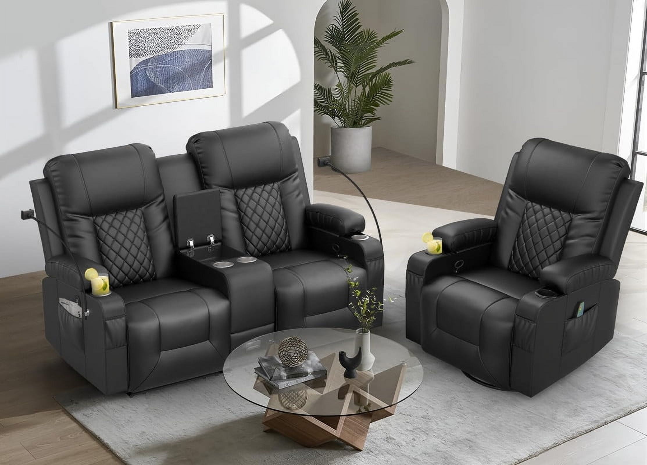 LOBERFVE Living Room Furniture Set, Loveseat Recliner 2 Seater and 360° Swivel Recliner Chair ...