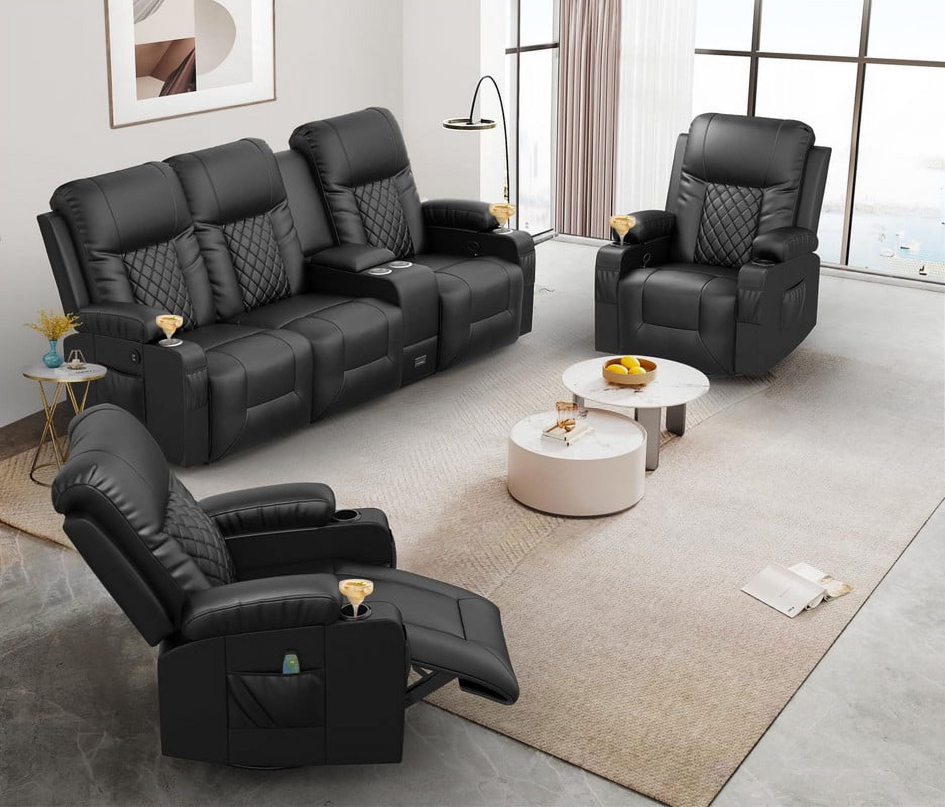 LOBERFVE Recliner Sofa Set, 3 Seat Reclining Sofa, and 2PC 360° Swivel ...