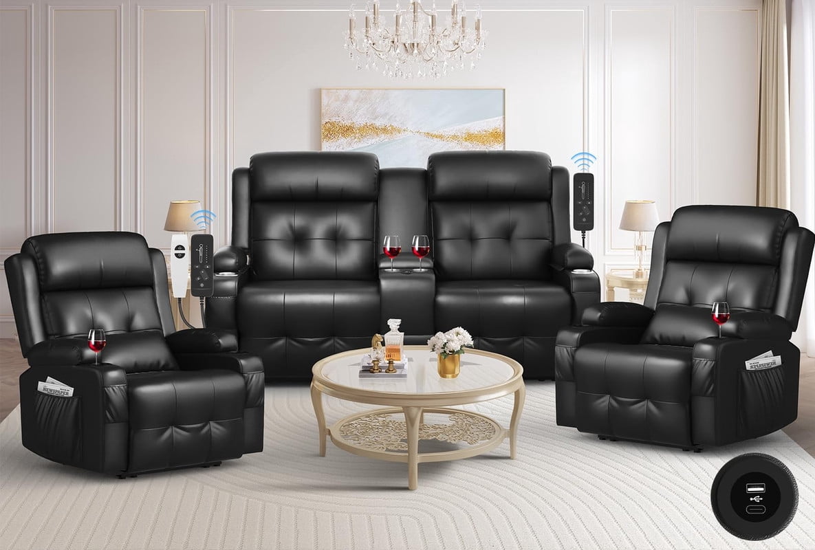 LOBERFVE Recliner Sofa Sets, Massage Reclining Loveseat Sofa, 2 Single ...