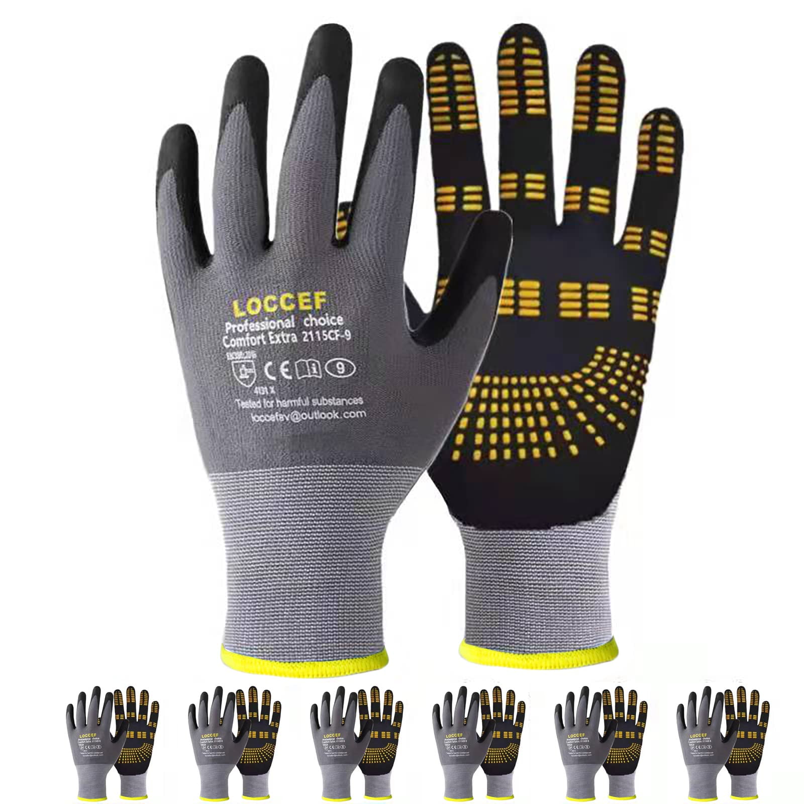 LOCCEF Safety Work Gloves MicroFoam Nitrile Coated-6 Pairs,Endurance Seamless Knit Nylon,Dots on ...