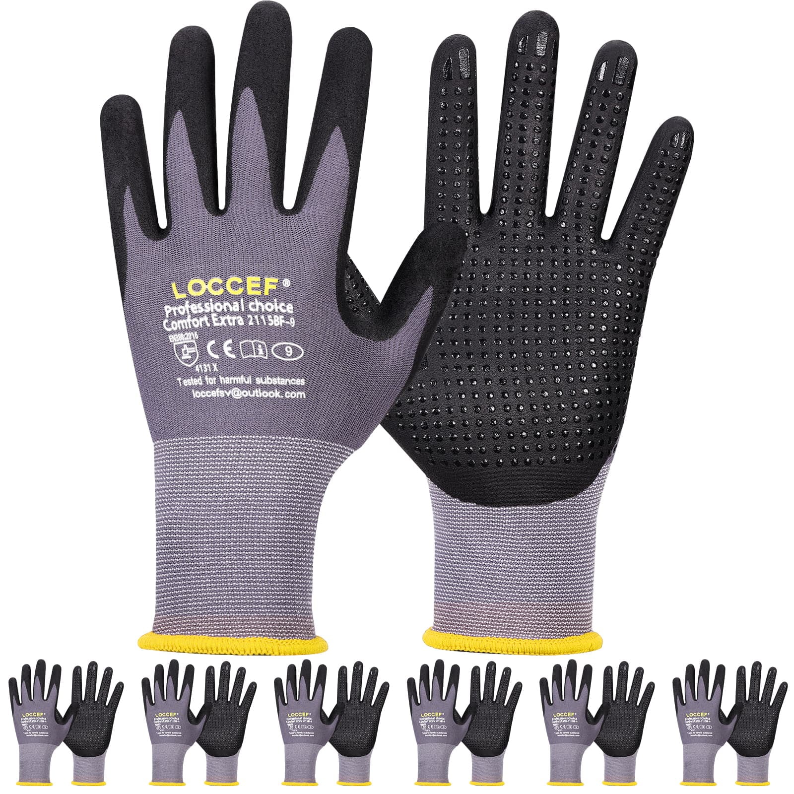 LOCCEF Work Gloves MicroFoam Nitrile Coated-6 Pairs,Endurance Seamless Knit Nylon,Dots on palm ...