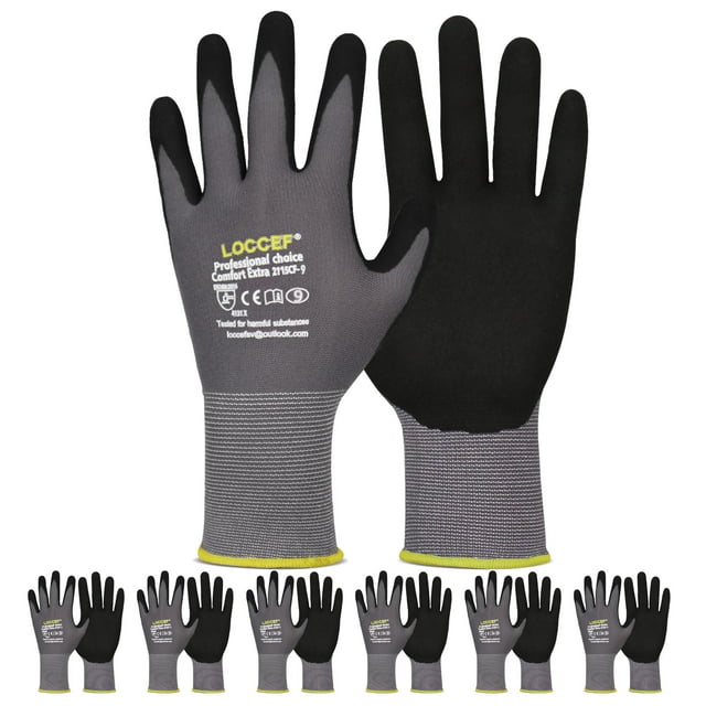 LOCCEF Work Gloves MicroFoam Nitrile Coated-6 Pairs,Seamless Knit Nylon Gloves,Gray Work gloves ...