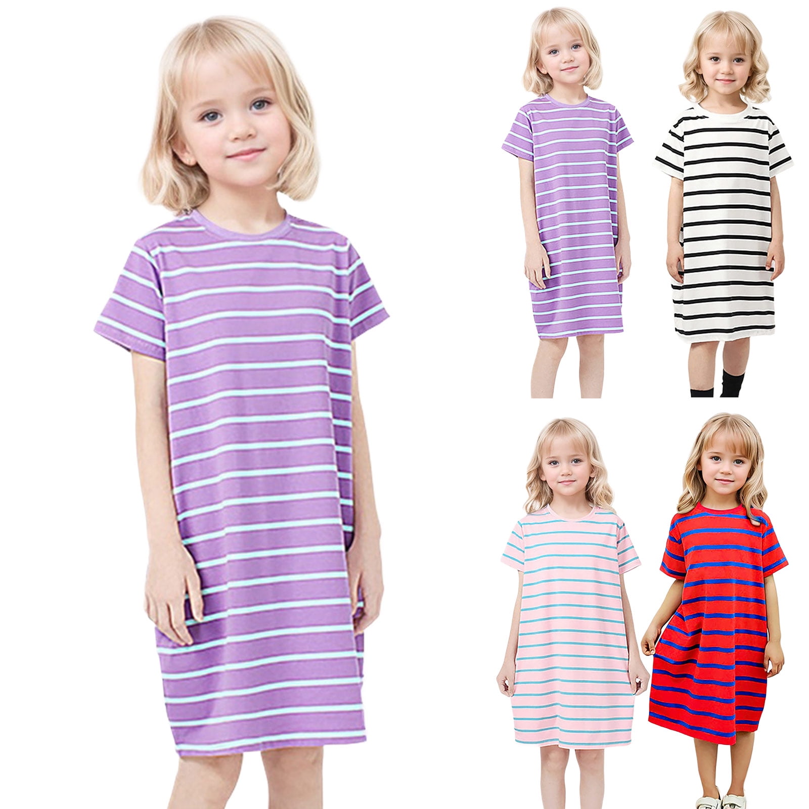 LOCHEX Girls Cotton Nightgowns Short Sleeve Stripe Sleep Shirt Big Kids ...
