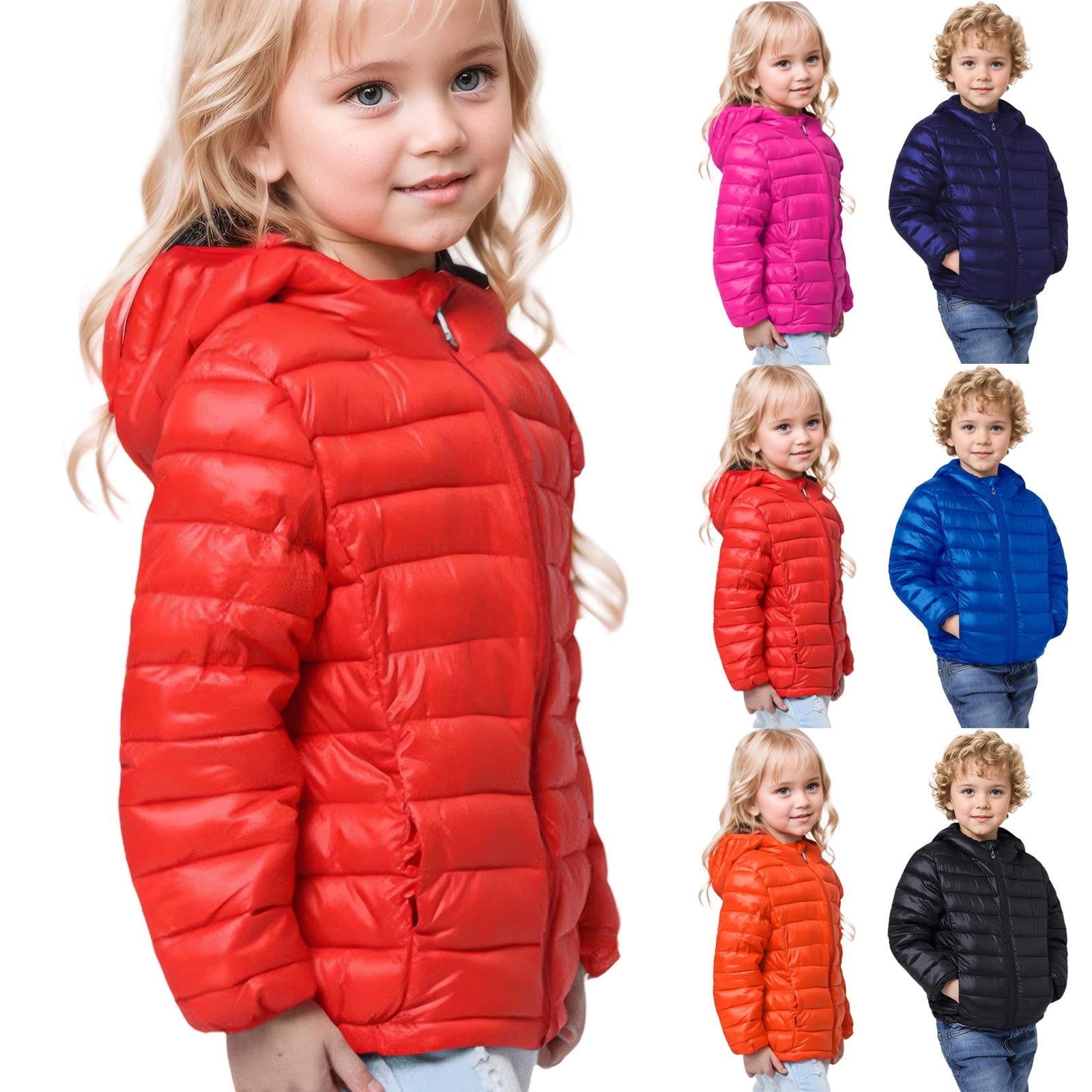 LOCHEX Kids Boy Girl Winter Hooded Puffer Jackets Coats Solid Color Zipper with Pocket Light ...