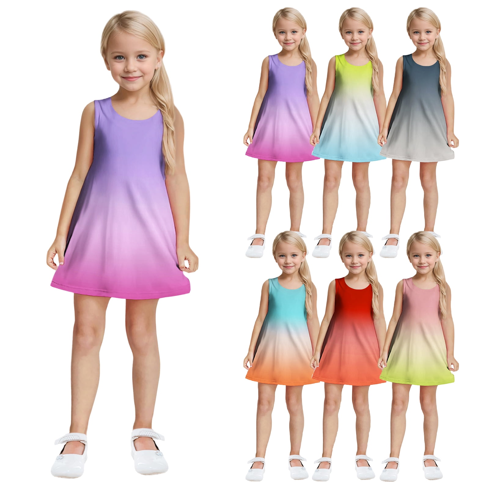 LOCHEX Kids Girls Summer Sleeveless Dress Gradient A Line Swing ...