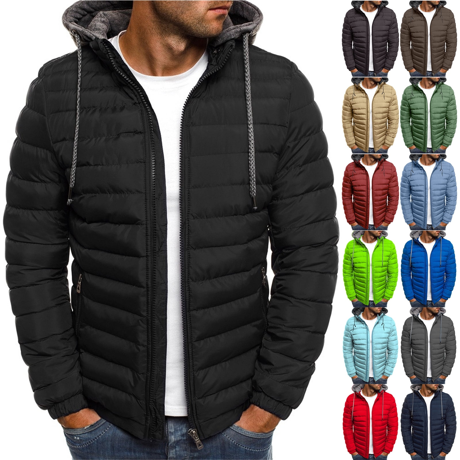 LODIENY Men's Hooded Puffer Jacket Lightweight Casual Patchwork Full ...