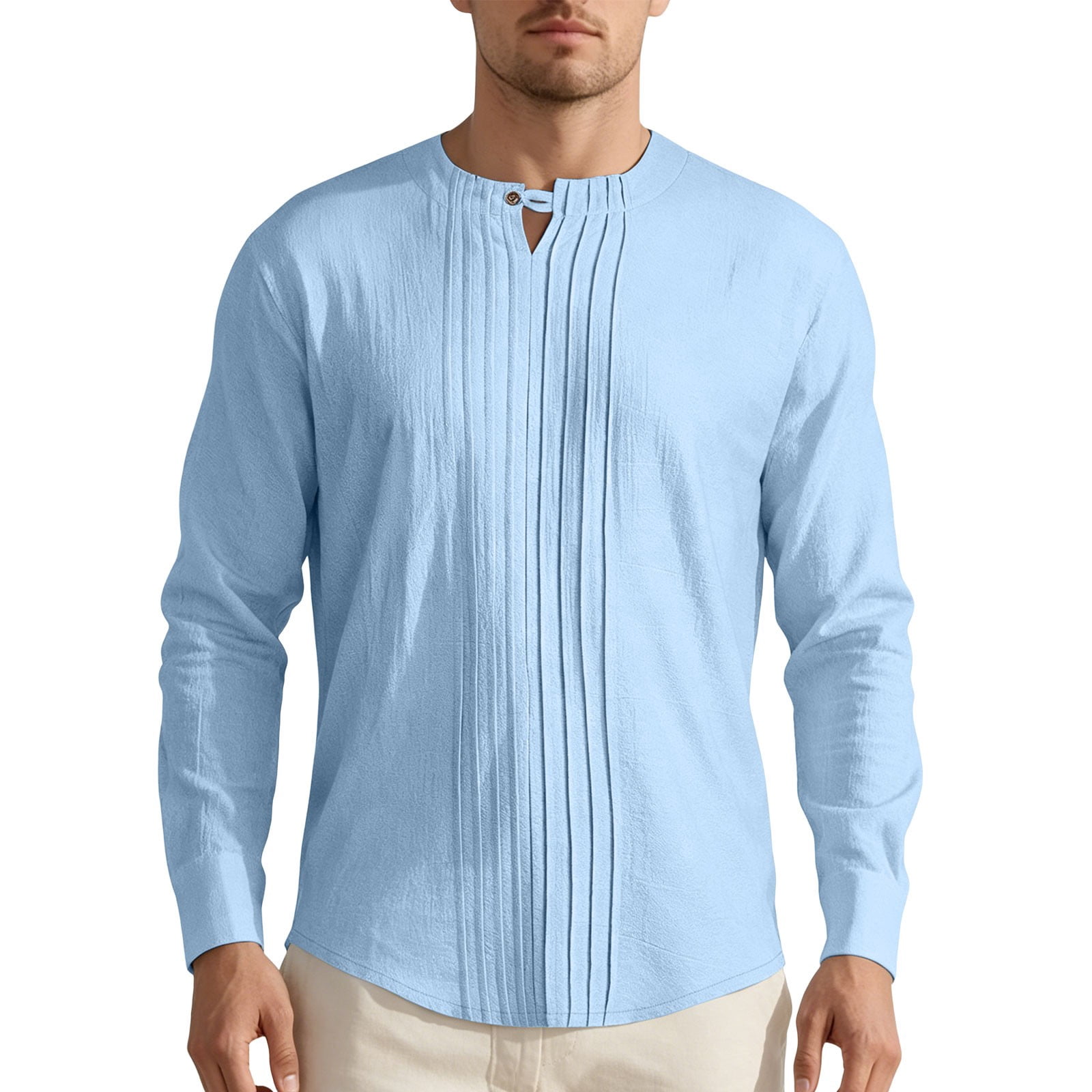 LODIENY Men's Linen Shirts Casual Long Sleeve Pleated Front T-Shirt ...