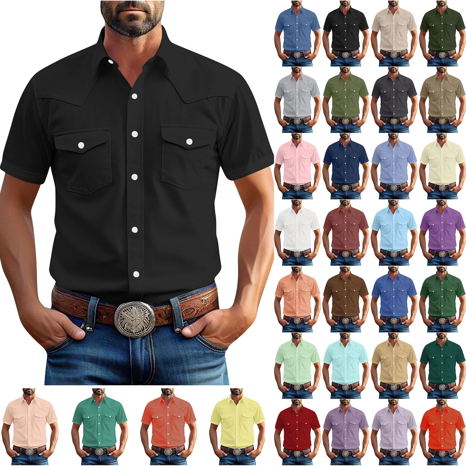 LODIENY Mens Casual Western Solid Short Sleeve Pearl Snaps Work Shirt ...