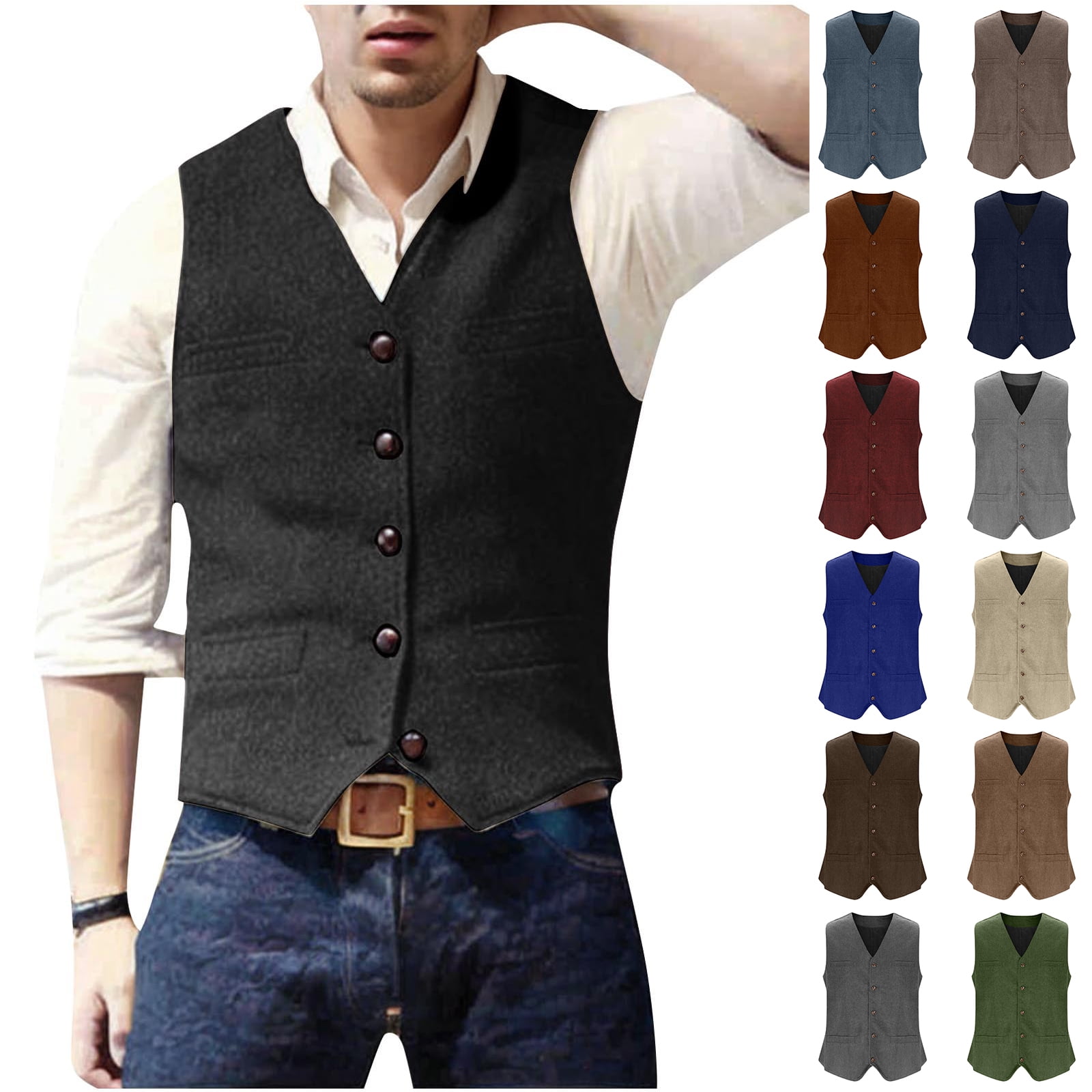 LODIENY Mens Vintage Tweed Suit Vest Sleeveless Retro V Neck Casual ...