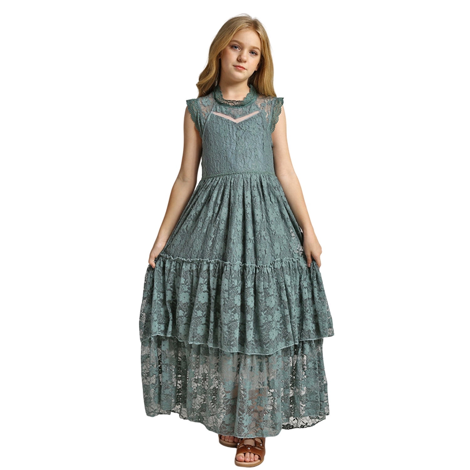 HAWEE Girls Cotton Lace Dress Fit Backless Maxi Dress Swing Hem Flower ...