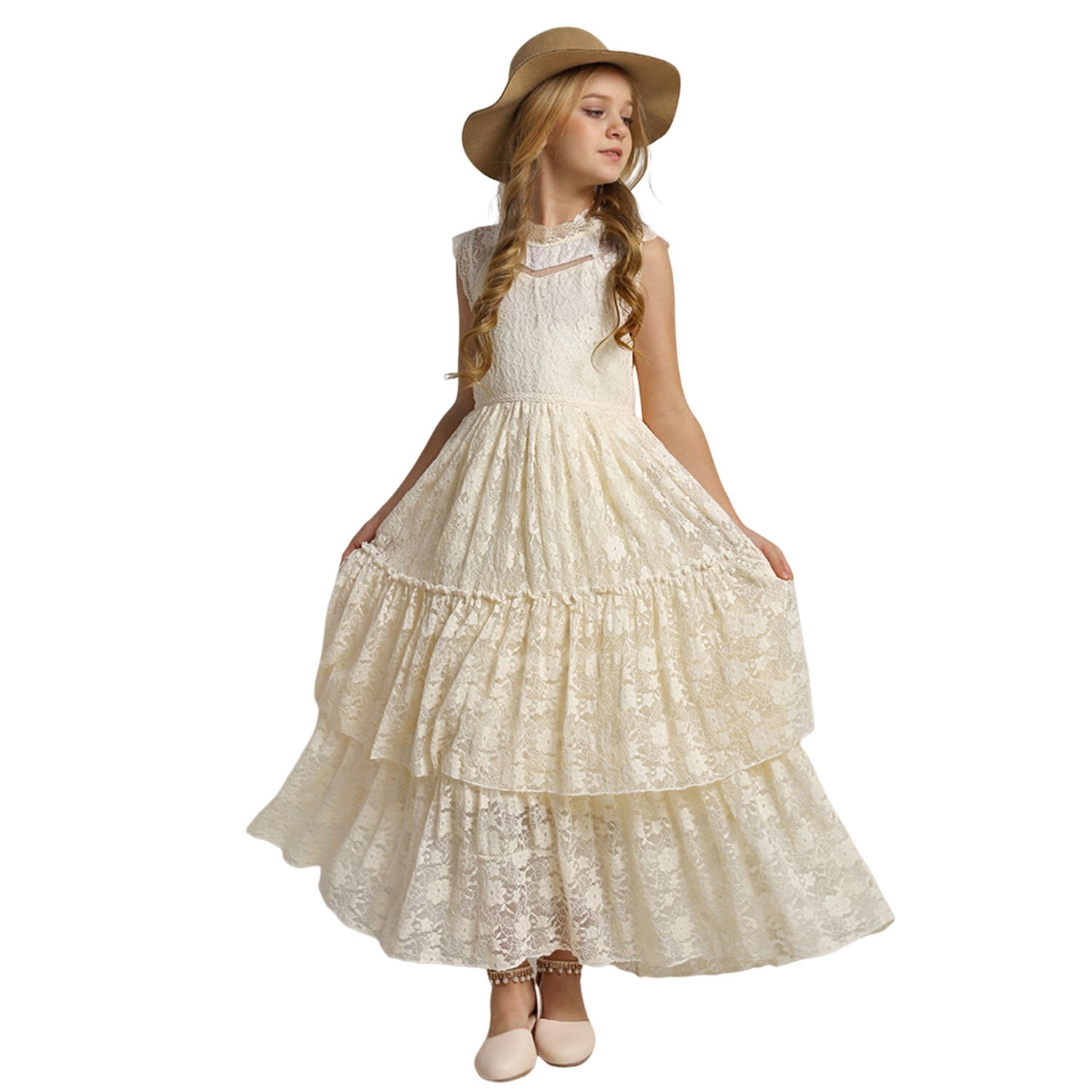 HAWEE Girls Cotton Lace Dress Fit Backless Maxi Dress Swing Hem Flower ...