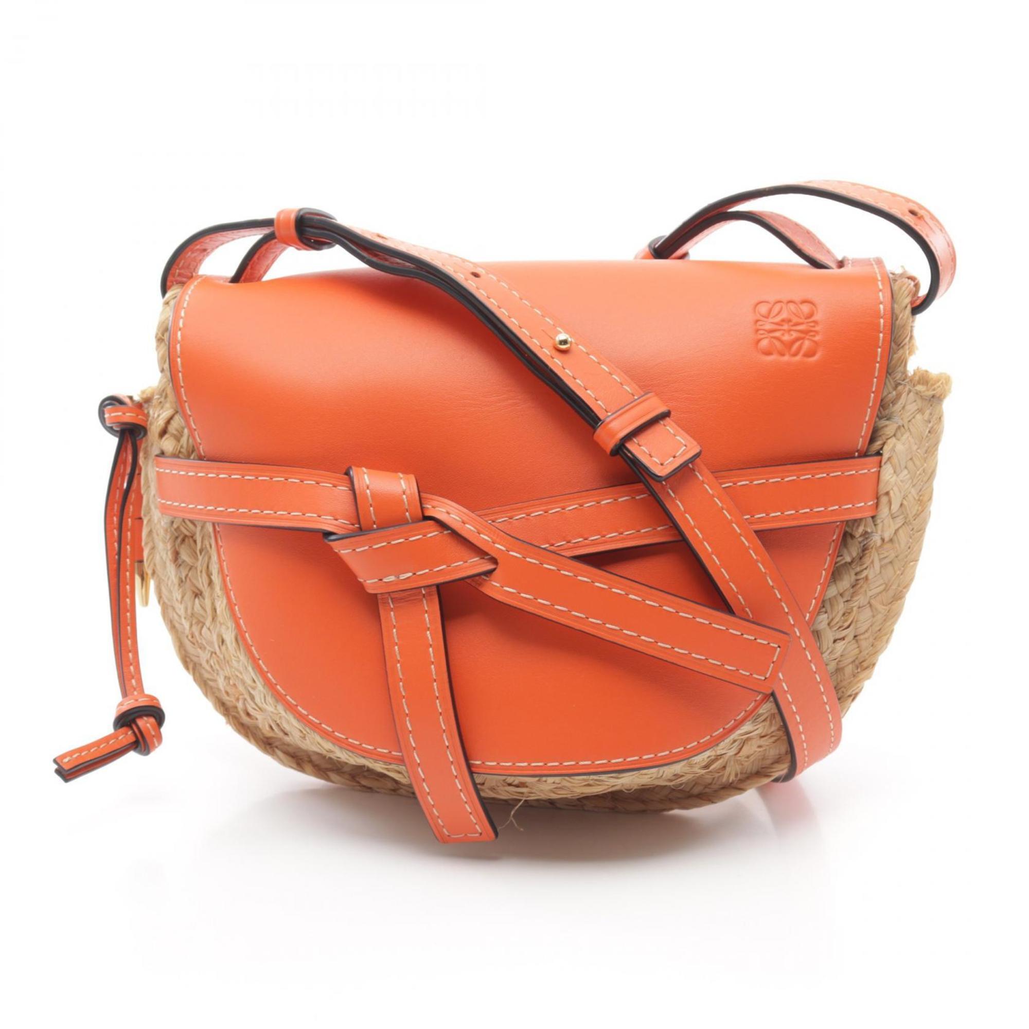 Pre-Owned LOEWE Anagram Gate Shoulder Bag Leather Raffia Women's Beige Orange (Good) - Walmart.com