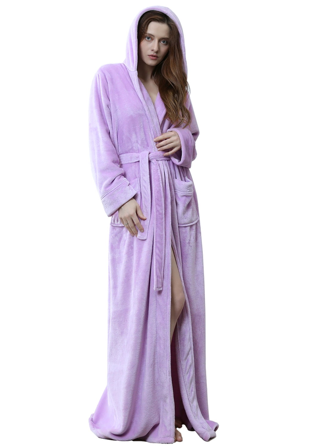 LOFIR Luxury Long Plush Hooded Robe, Soft Flannel Fleece Full Length ...