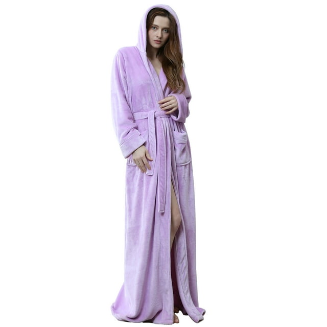 LOFIR Luxury Long Plush Hooded Robe, Soft Flannel Fleece Full Length ...