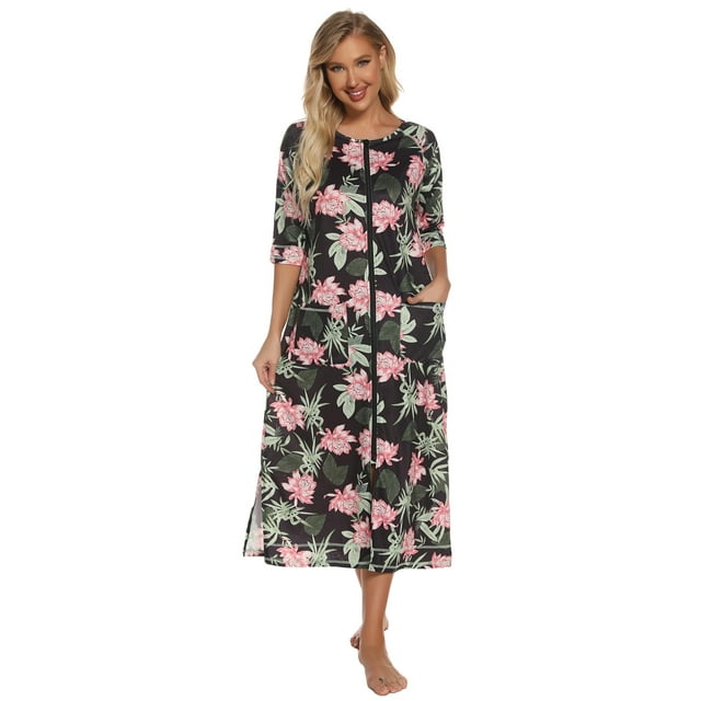 LOFIR Women's Zipper Front Robe, 3/4 Sleeve, Long Sleepwear with ...