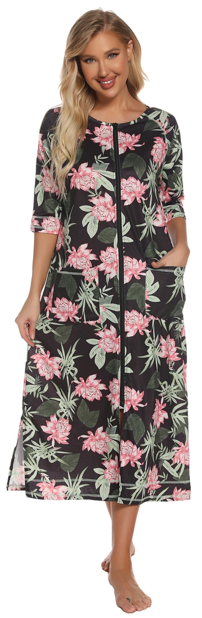 LOFIR Ladies Long Sleepwear: Women's Plus Size 3/4 Sleeve Zipper Front ...