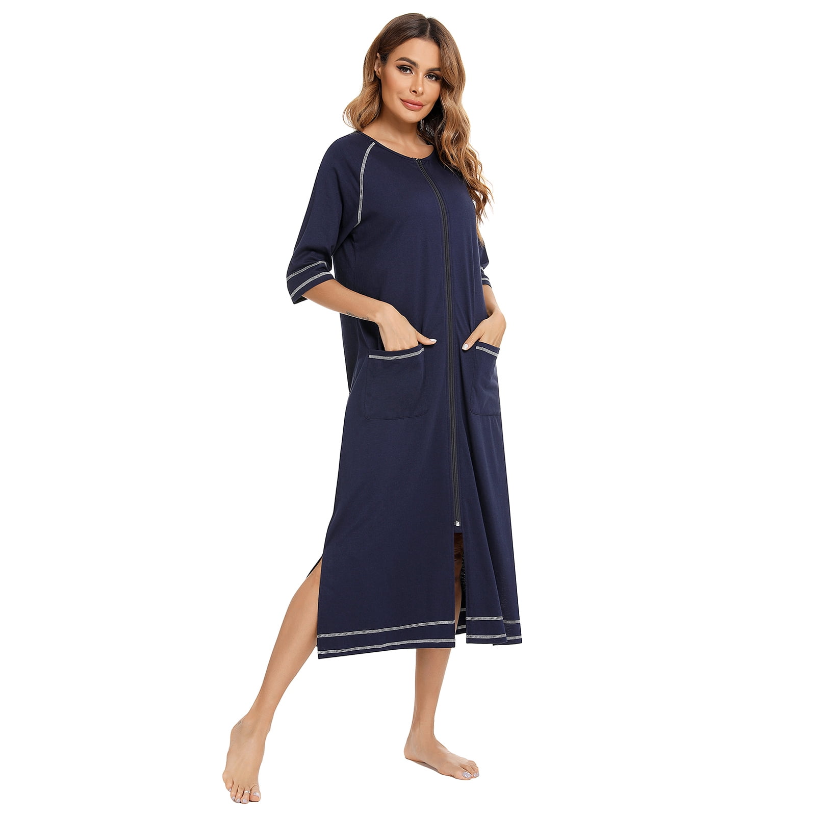 LOFIR Women's Zipper Front Robe, 3/4 Sleeve, Loungewear with Pockets ...