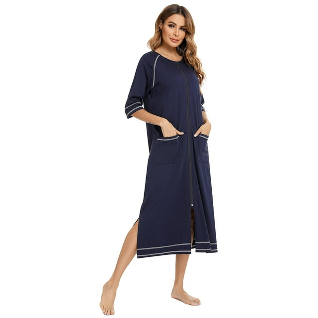 LOFIR Women's Navy Blue Zippered Robe, 3/4 Sleeves, Pocketed Sleepwear ...