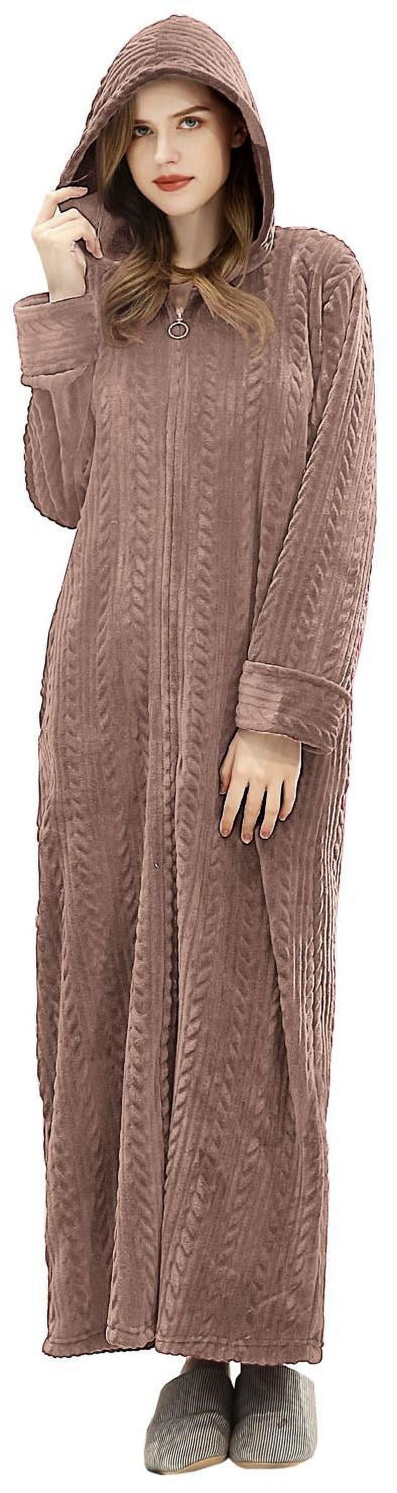 LOFIR Women's Zippered Full-Length Bathrobe, Soft Plush Fleece Robe with Hood (S/M, Coffee ...