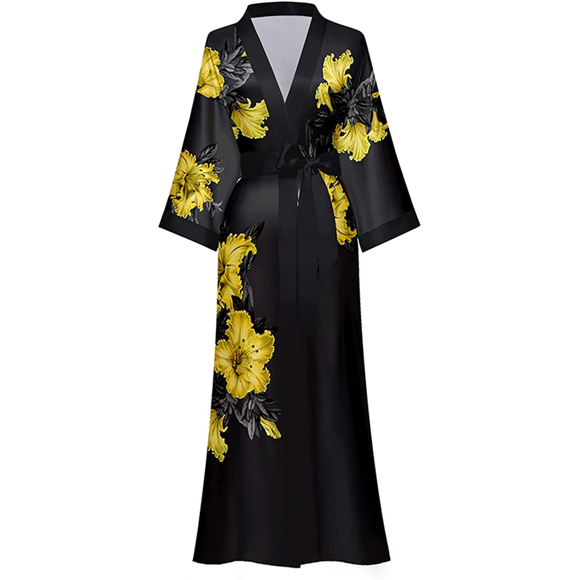 LOFIR Women's Long Bridal Silk Robe with Belt, Satin Kimono Length ...