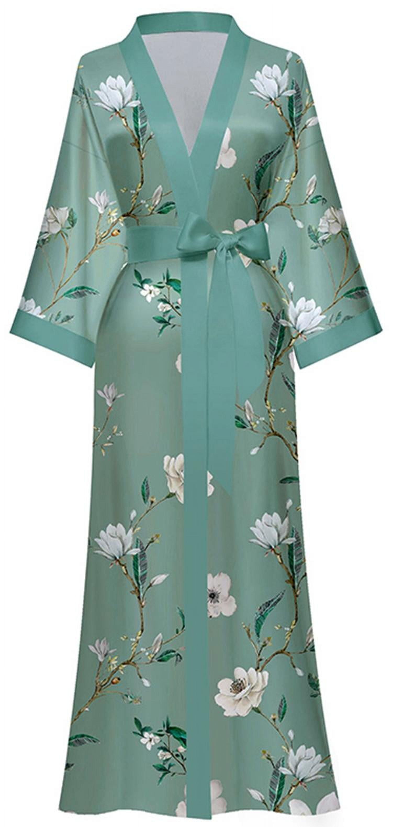 LOFIR Women's Full Length Silk Kimono Robe with Wrap Belt, Satin Floral ...