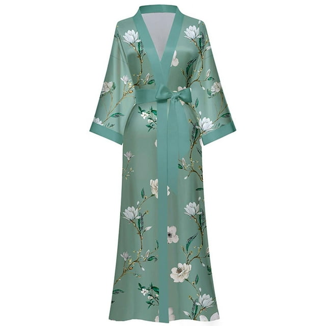 LOFIR Women's Full Length Silk Kimono Robe with Wrap Belt, Satin Floral ...