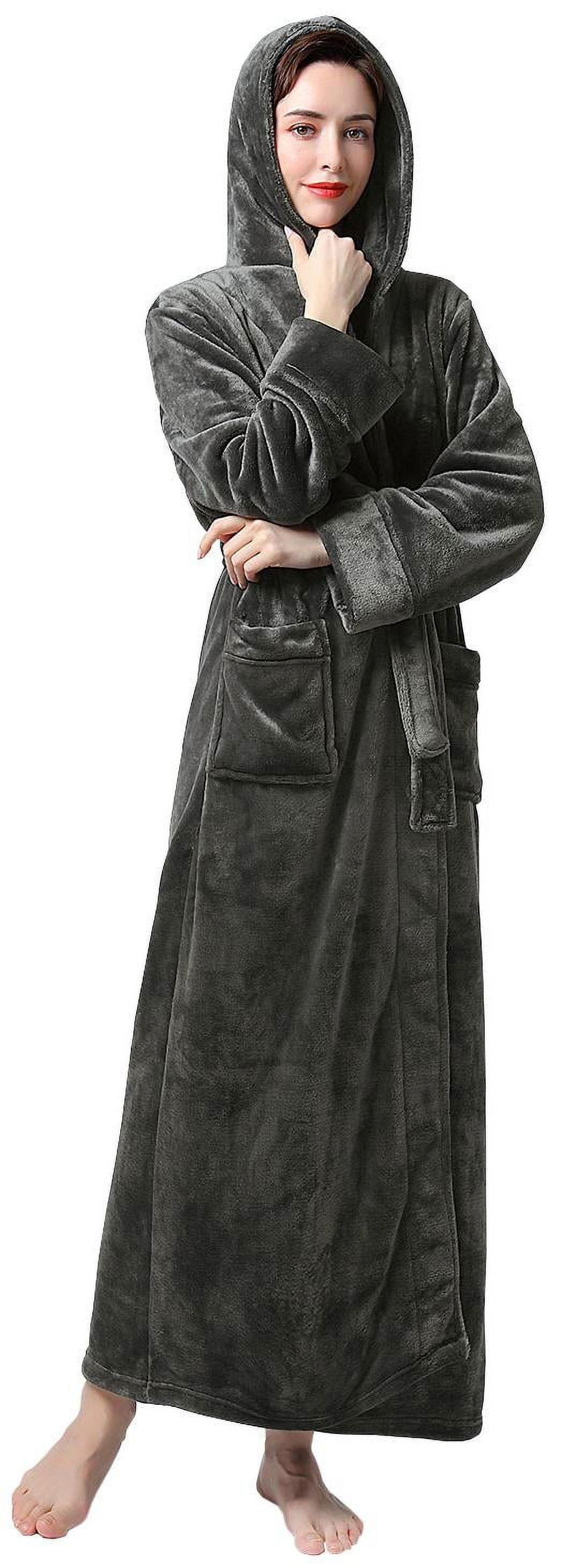LOFIR Womens Plush Soft Full Length Hooded Robe, Luxury Fleece Spa Bathrobe (XL, Dark Gray ...